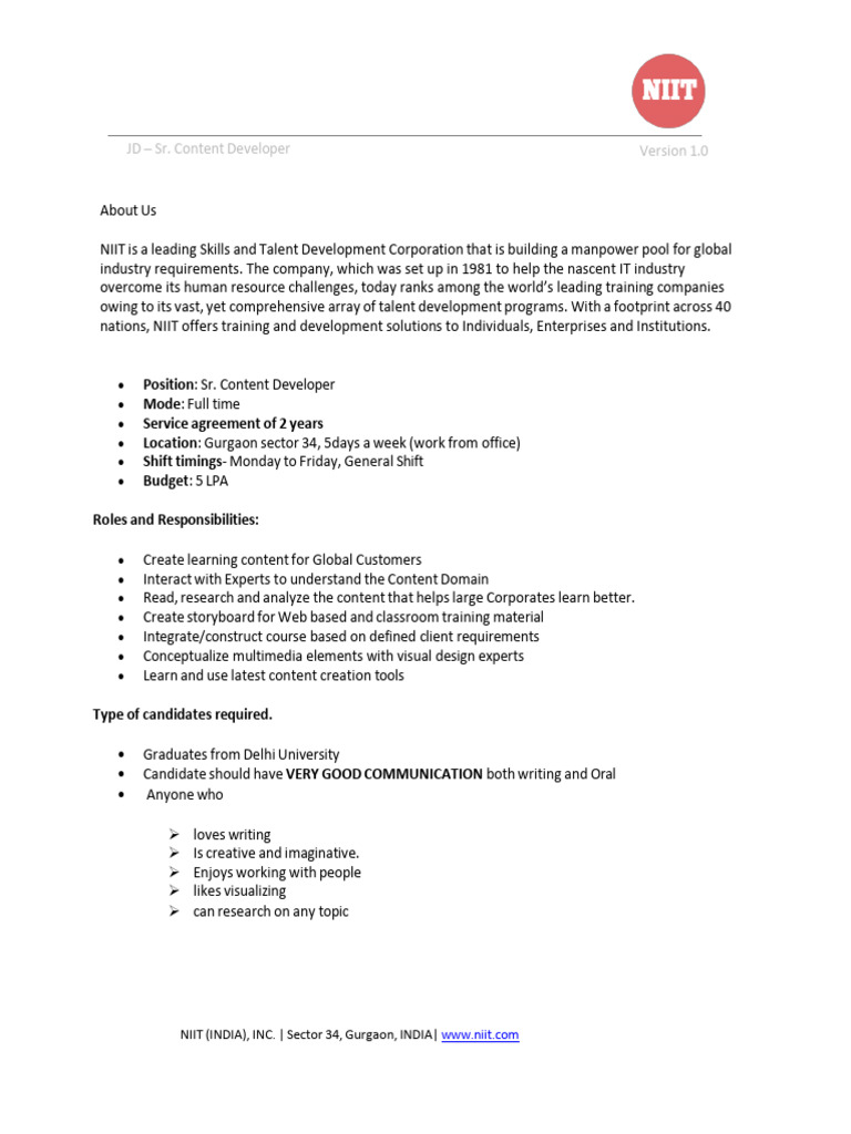 JD - SR - Content Developer Fresher-5lpa-1 | PDF