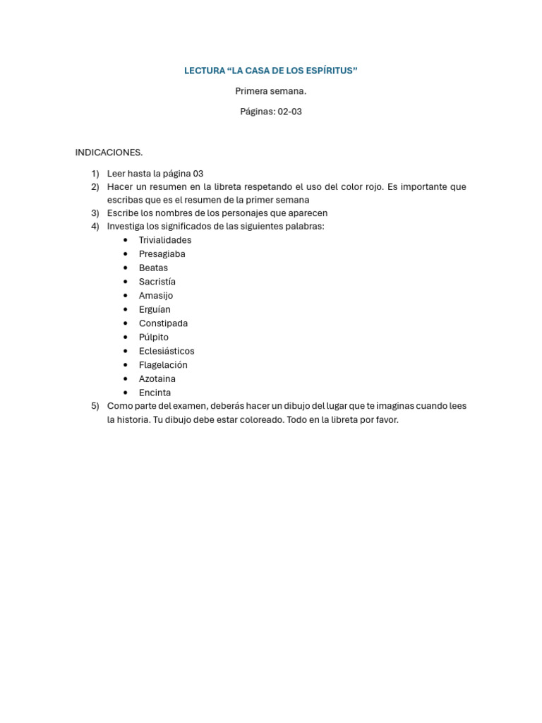 Lectura La Casa de Los Espiritus Semana 1 | PDF