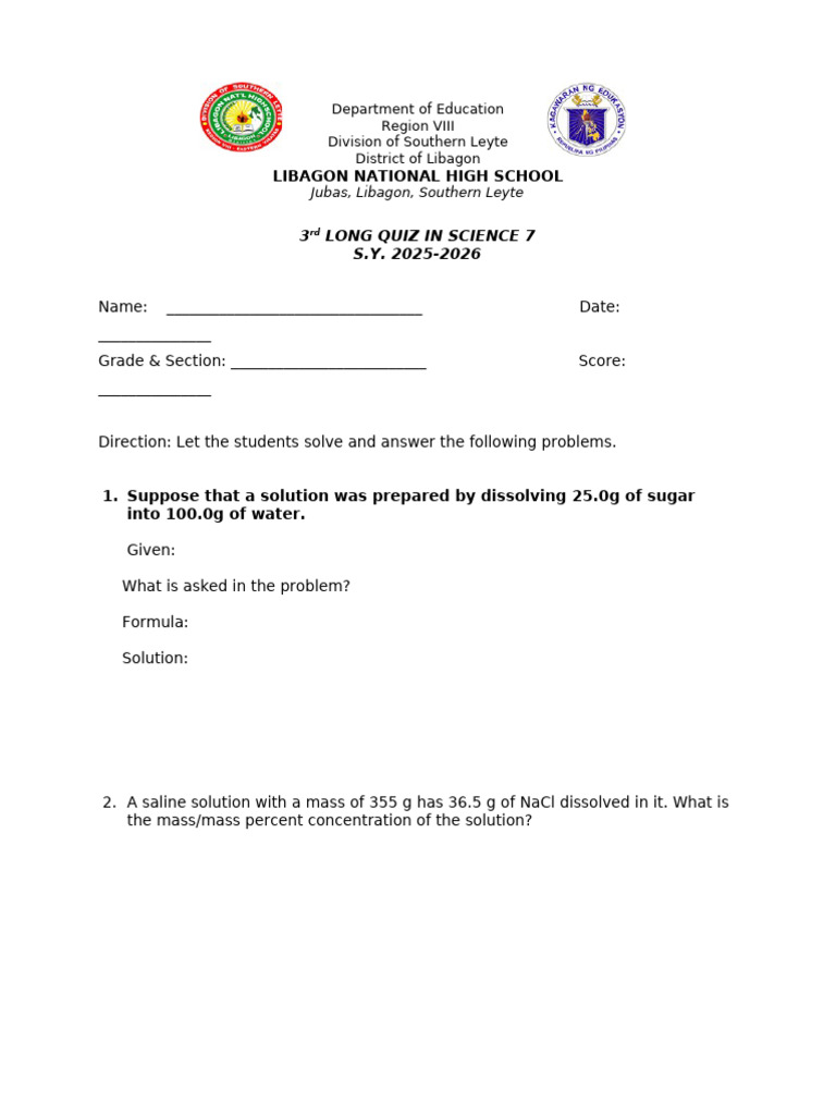 Science 7 Long Quiz: Solutions & Concentration | PDF