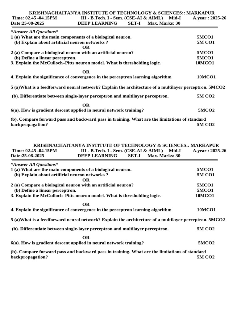 Deep Learning Exam Questions 2025-26 | PDF | Deep Learning | Learning