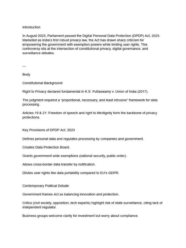 DPDP Act 2023: Privacy vs. Surveillance | PDF