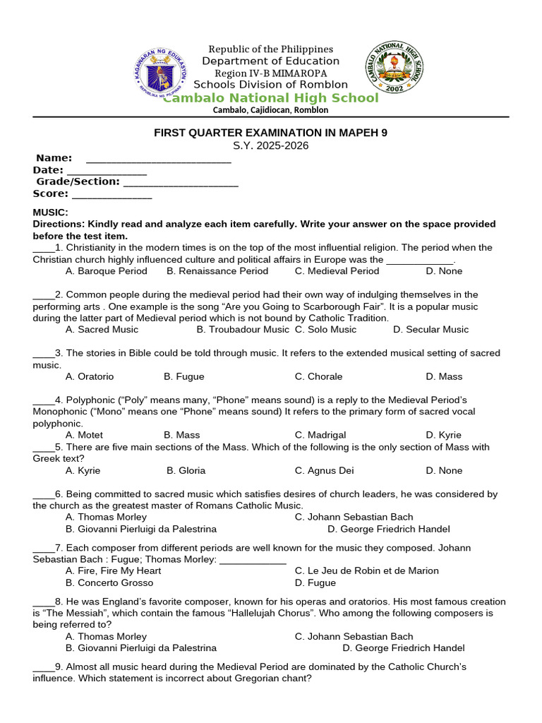 Mapeh 9 First Quarter Exam | PDF | Flexibility (Anatomy) | Physical Fitness