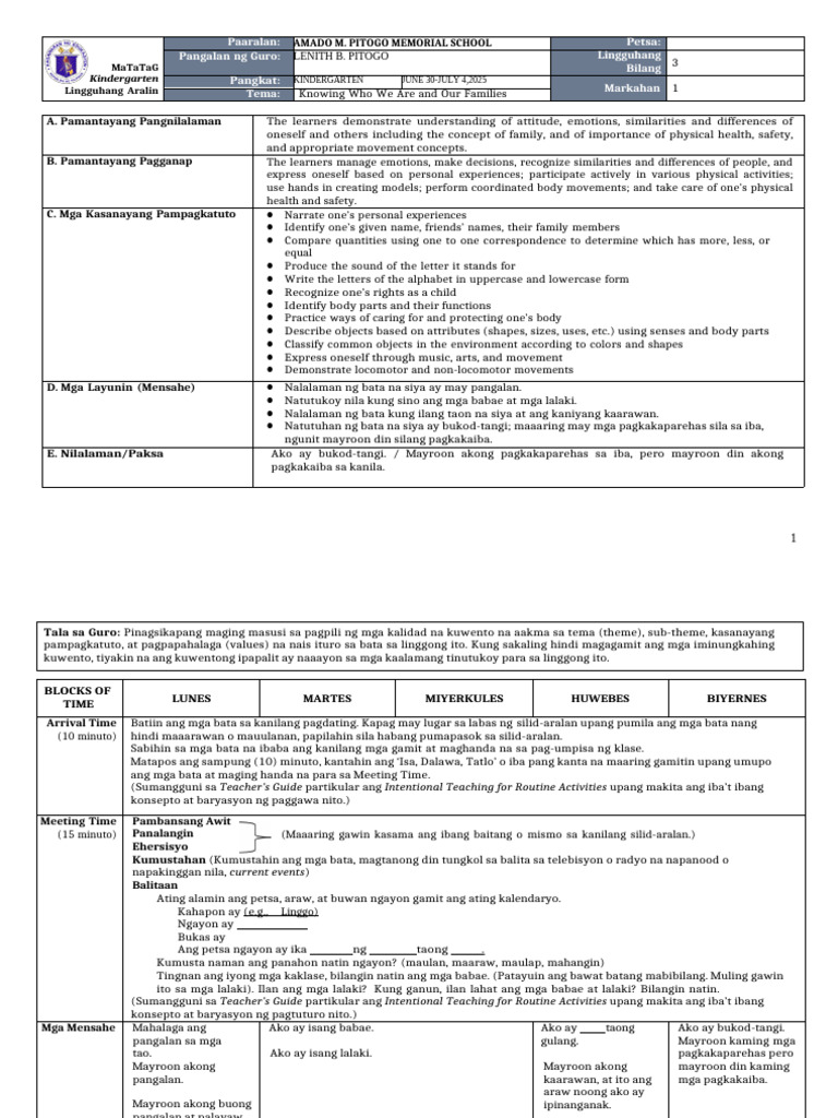 DLL Kindergarten q1 w3 | PDF