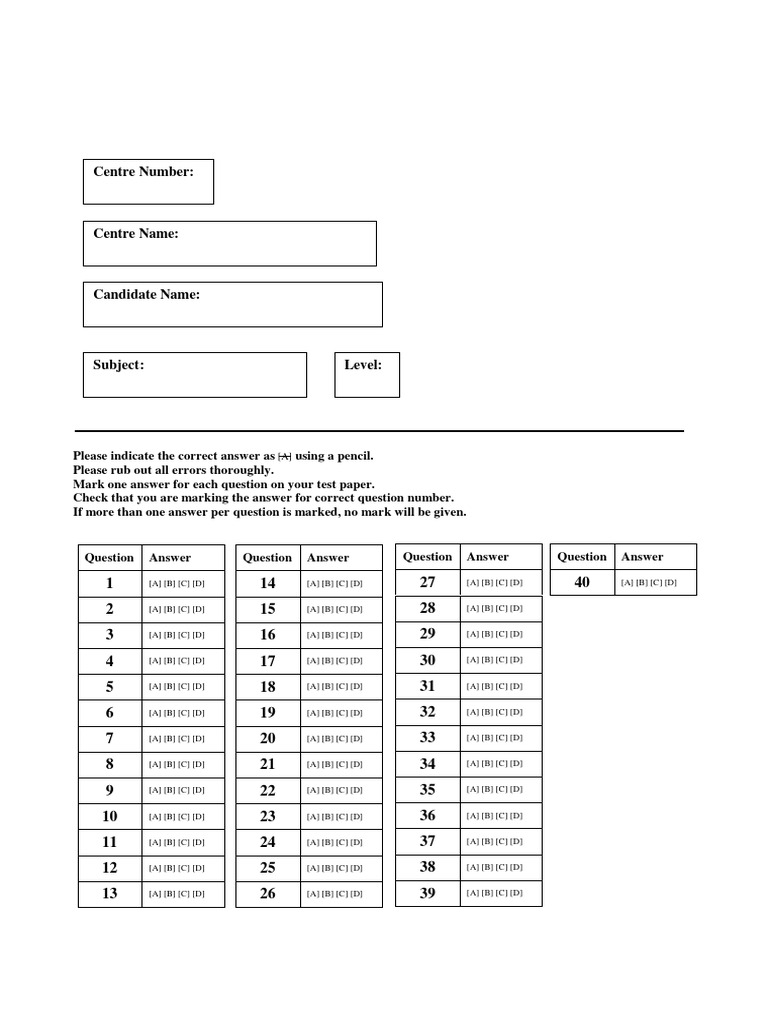 Test Answer Sheet Instructions | PDF