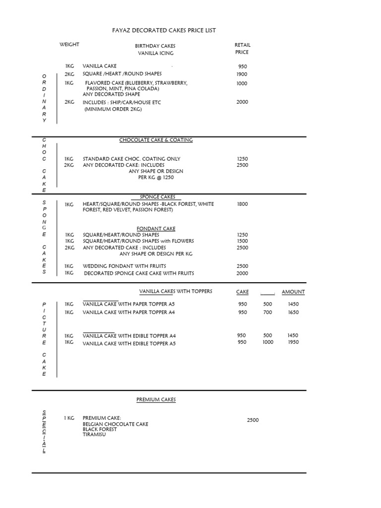2025 Birthday Cake Price List | PDF