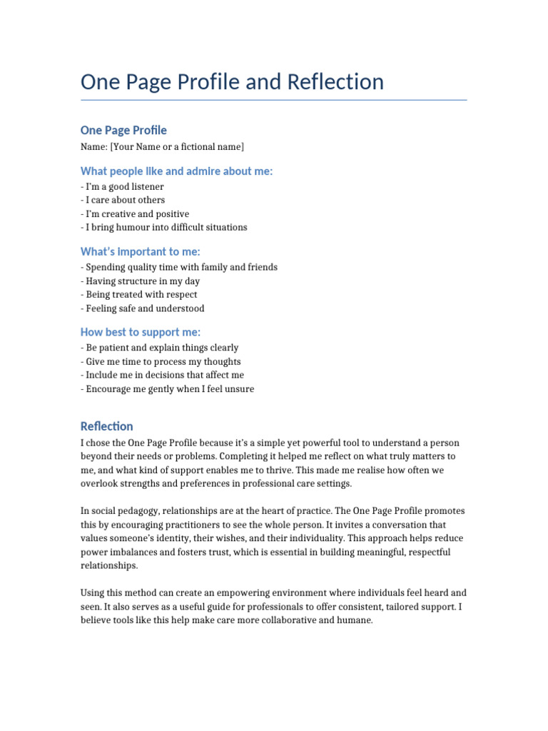 One Page Profile: Personal Reflection Tool | PDF