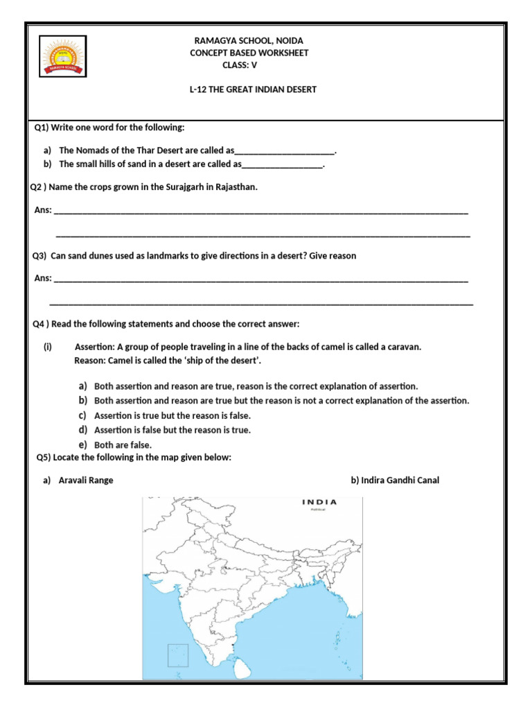 Great Indian Desert Worksheet for Class V | PDF