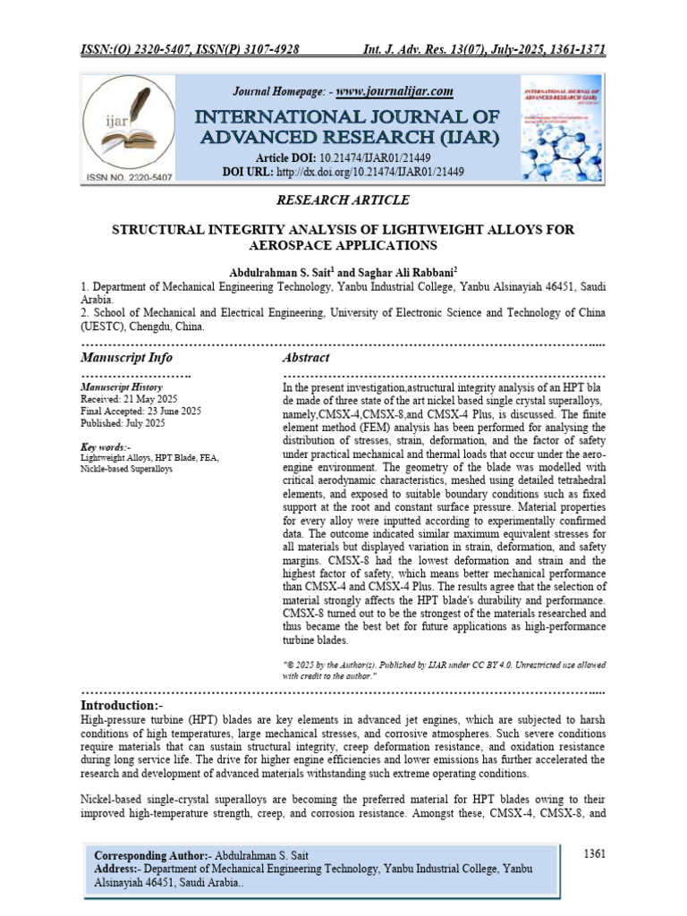 Structural Integrity Analysis of Lightweight Alloys For Aerospace Applications | PDF ...