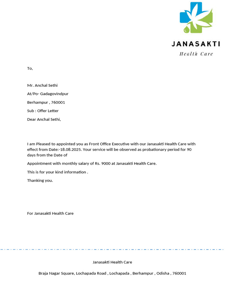 Front Office Executive Offer Letter | PDF