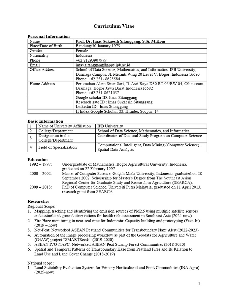 Imas Sukaesih Sitanggang's Curriculum Vitae | PDF