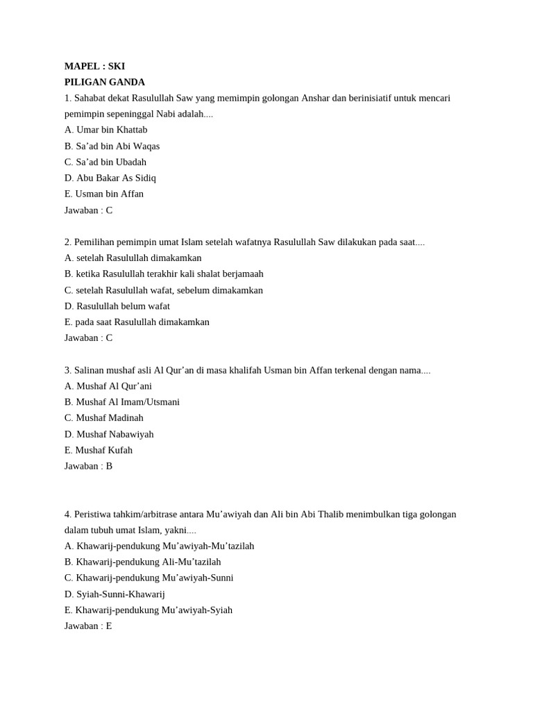 Soal Pilihan Ganda Sejarah Khulafaur Rasyidin | PDF
