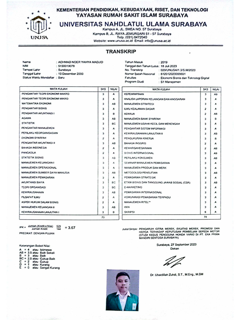 Transkrip Nilai S1 Manajemen | PDF