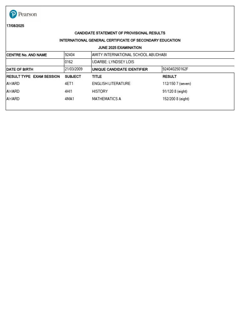 Lyndsey Lois Udarbe - Statement of Results-1 | PDF | Secondary Education | Educational ...