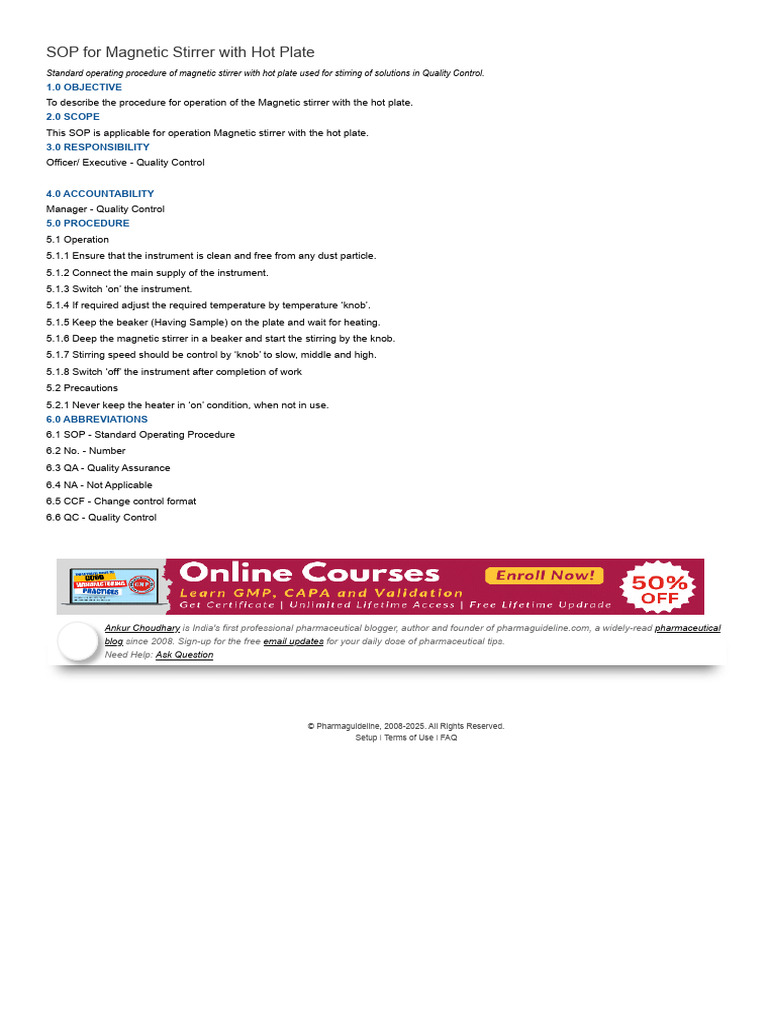 SOP for Magnetic Stirrer Operation | PDF