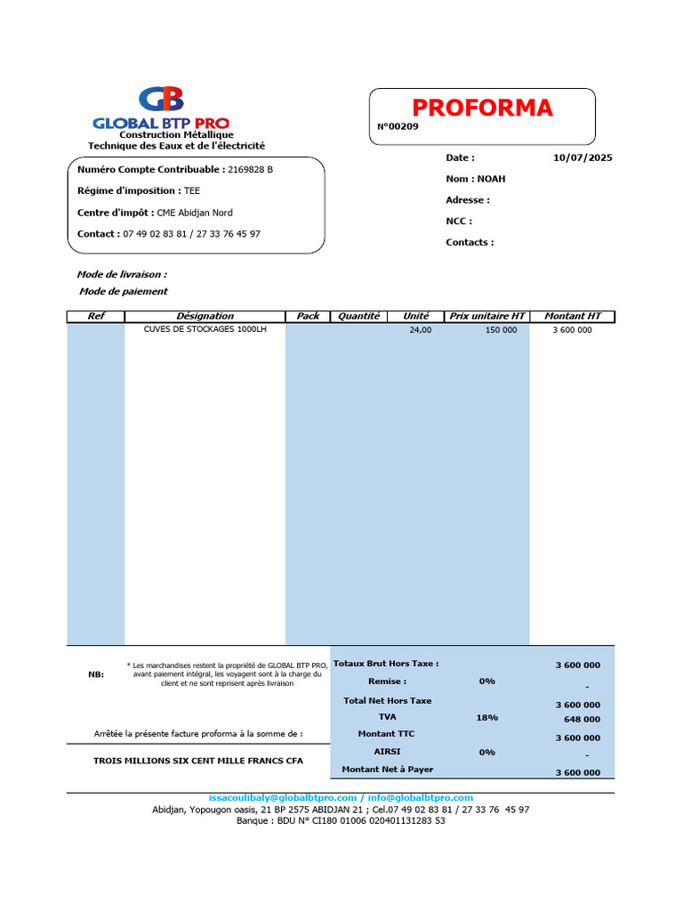Facture Proforma CUVES 1000LH Abidjan | PDF | Taxe sur la valeur ...