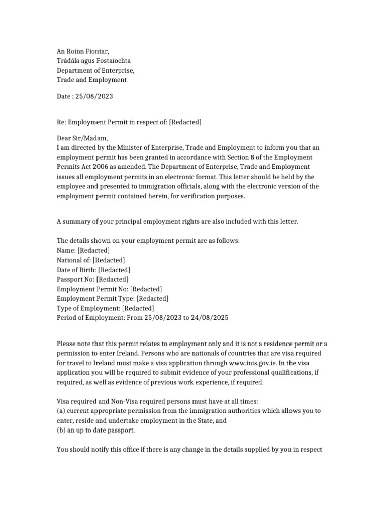 Employment Permit Letter | PDF | Travel Visa | Employment