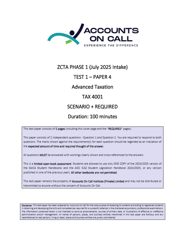 PAPER 4 TAX 4001 Phase 1 July 2025 Test 1 Scenario and Required | PDF ...