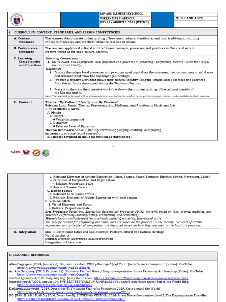 K-10 Music and Arts Lesson Plan | PDF | Dances | Learning