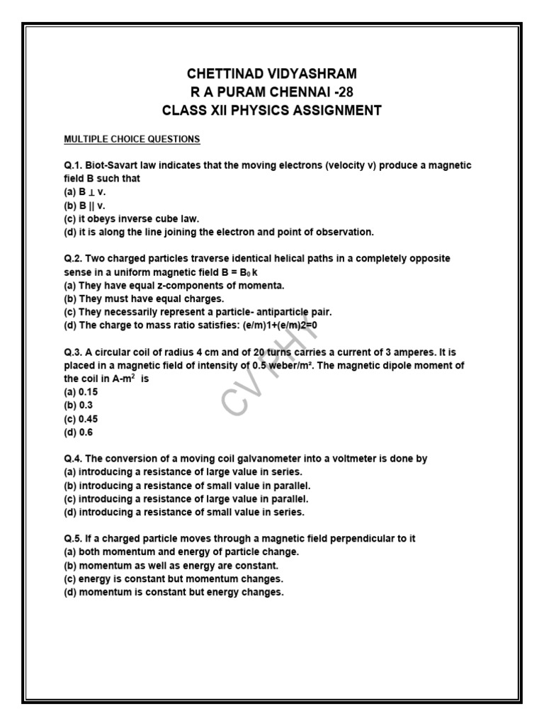 Class XII Physics MCQs on Magnetism | PDF | Magnetic Field | Force