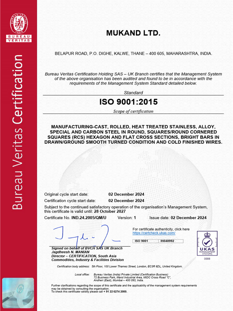 MUKAND LTD ISO 9001:2015 Certification | PDF