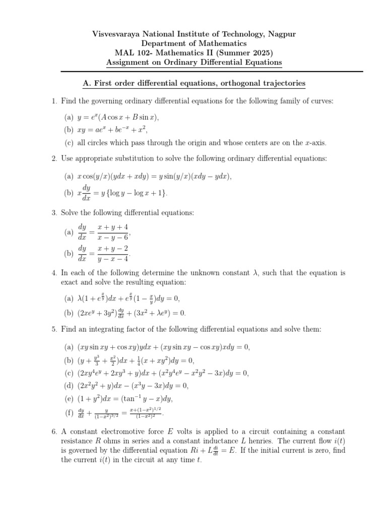 Assignment Differential Equations MAL 102 | PDF | Equations | Ordinary Differential Equation
