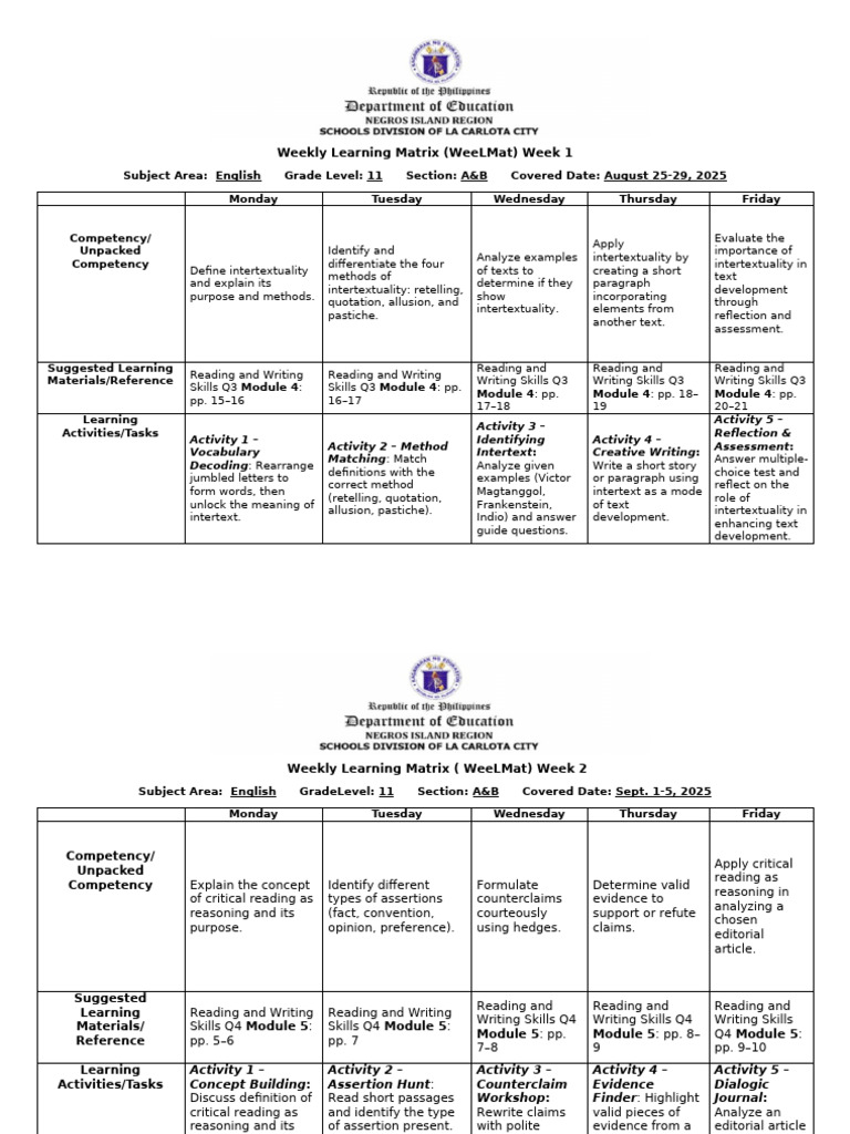 Weekly Learning Matrix Overview | PDF | Intertextuality | Cognition