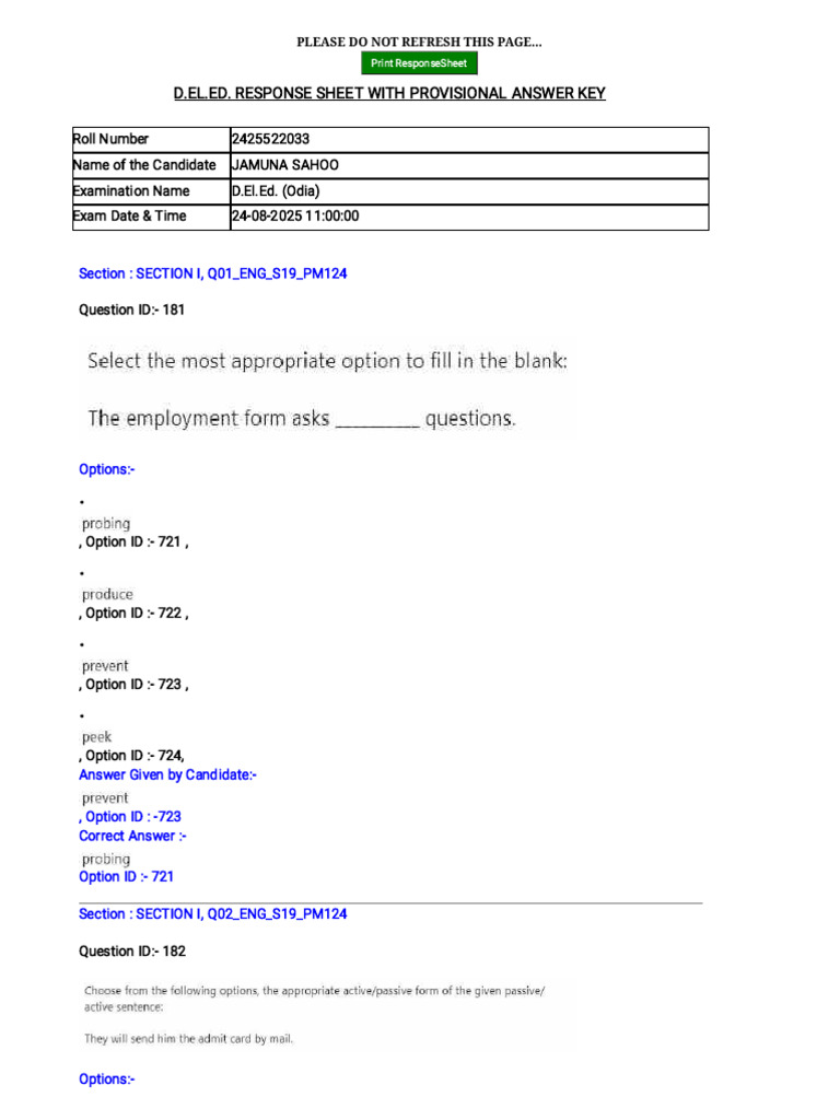 D.El.Ed. Exam Response Sheet 2025 | PDF