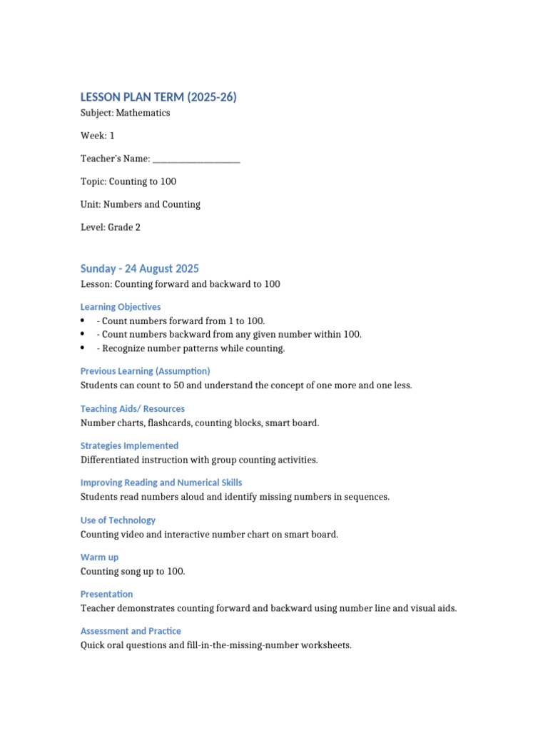 Lesson Plan Counting To 100 | PDF | Learning | Lesson Plan