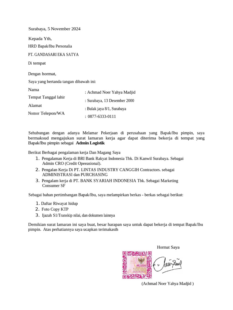 Lamaran Kerja PT. Gandasari Eka Satya | PDF