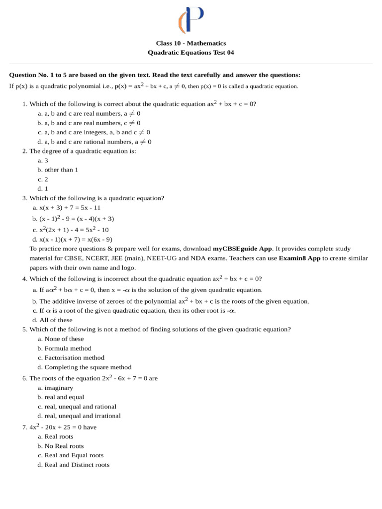 Test of Quad Equations Class 10 | PDF