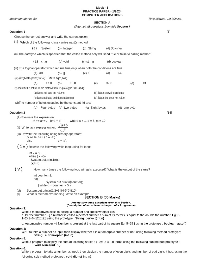Class10 Practice Paper Mock1 Set 1 2-3-2024 | PDF | Integer (Computer Science) | Parameter ...
