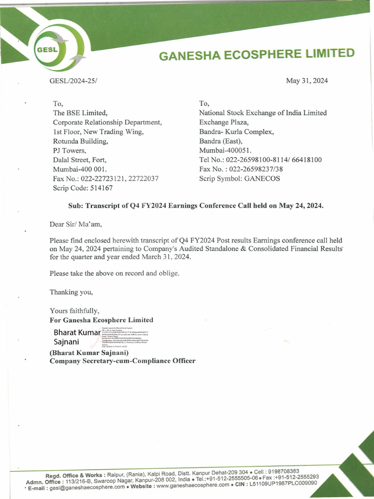 Ganesha Ecosphere Concall | PDF | Economies