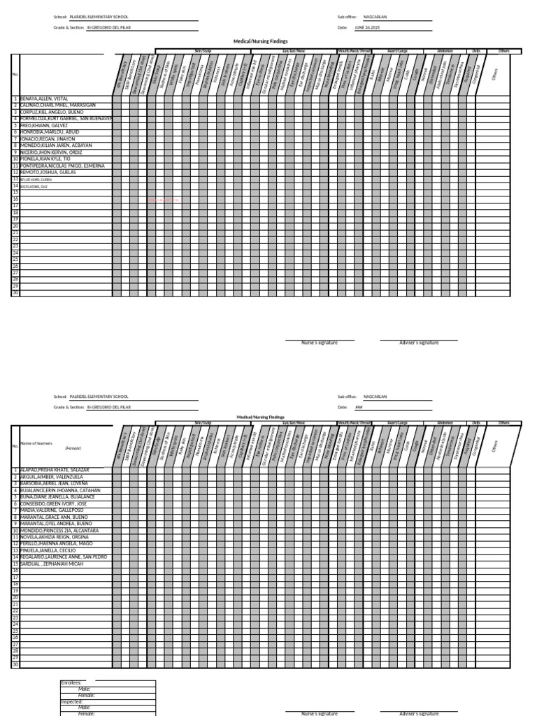 TEMPLATE School Health Examination Card 1 Grade 4 Juan Lunar | PDF ...