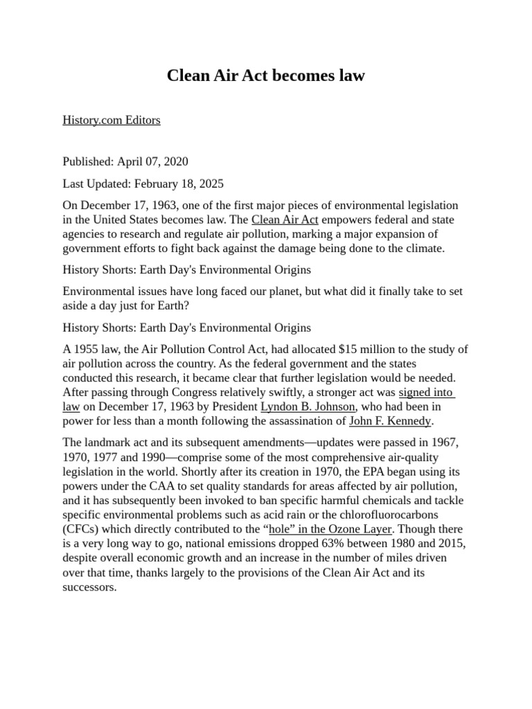 Clean Air Act: Landmark Legislation | PDF | Clean Air Act (United States)