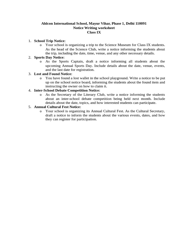 Class IX Notice Writing Worksheet | PDF