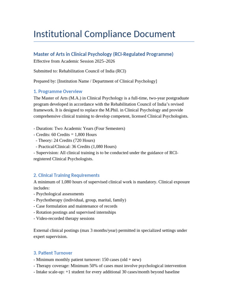 RCI Guidelines for MA in Clinical Psychology | PDF | Clinical ...
