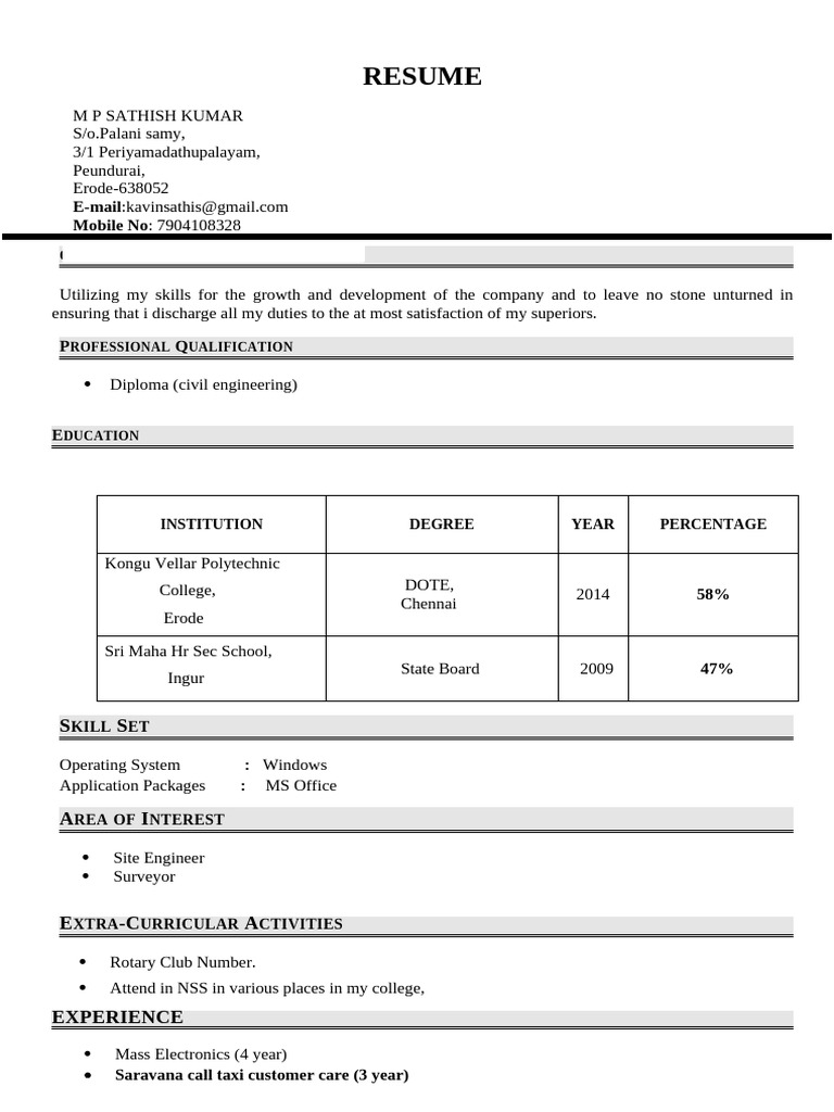 Civil Engineer Resume of M P Sathish Kumar | PDF
