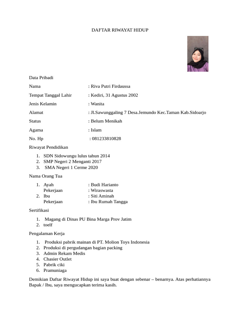 CV Riva Putri Firdaussa 2023 | PDF