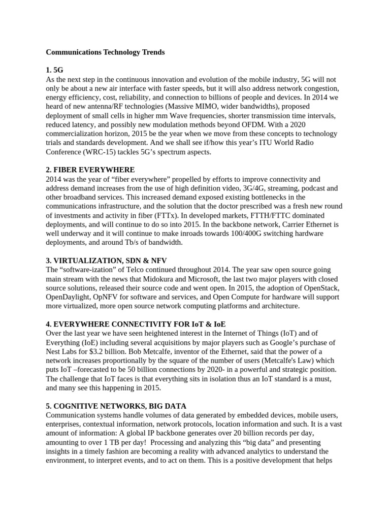 Communications Technology Trends | PDF | Internet Of Things | Computer Network