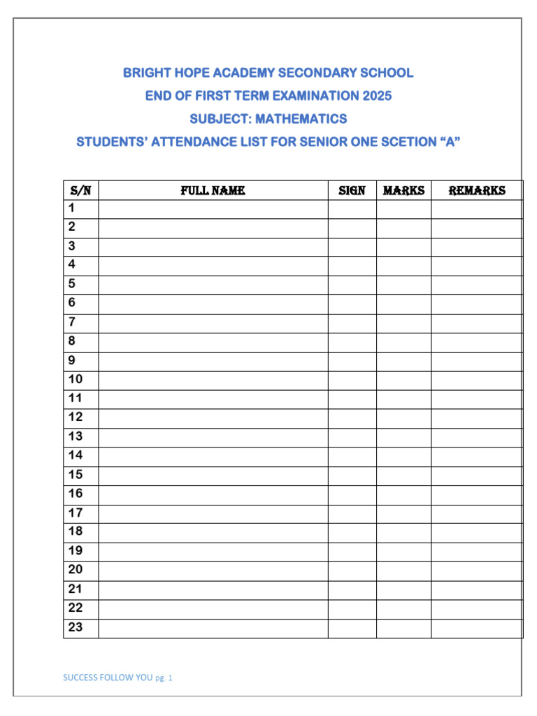 Senior One Mathematics Exam Attendance | PDF