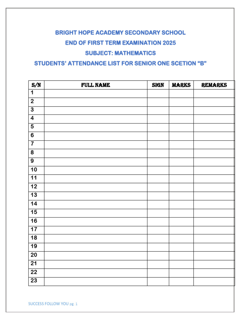 Senior One Mathematics Exam Attendance | PDF