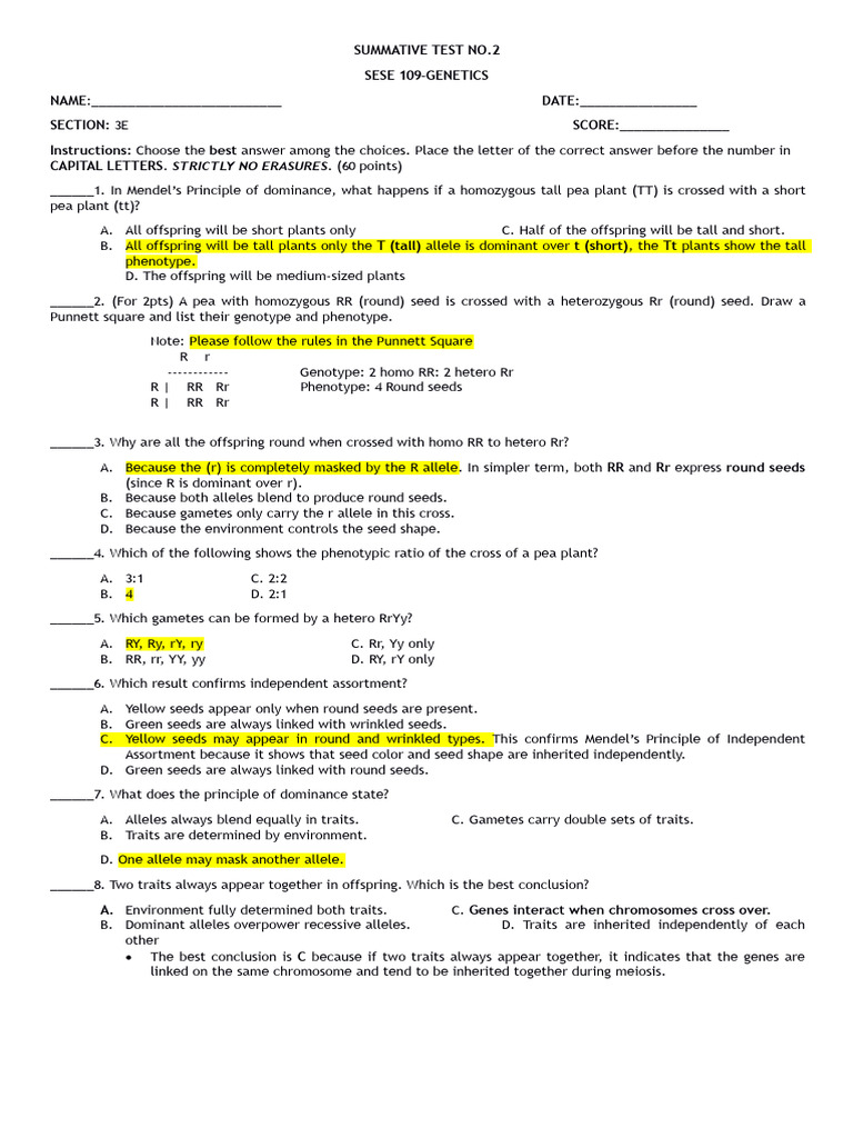 Genetics Summative Test Questions | PDF | Dominance (Genetics) | Genotype