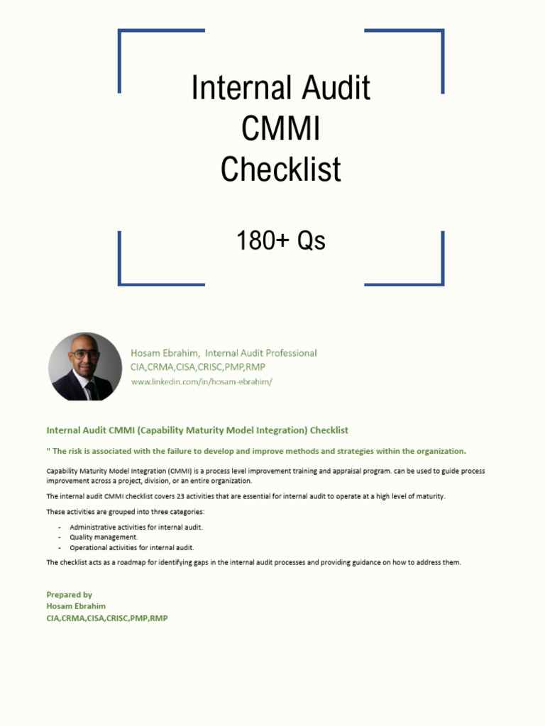 CMMI Internal Audit Checklist Overview | PDF | Internal Audit | Risk