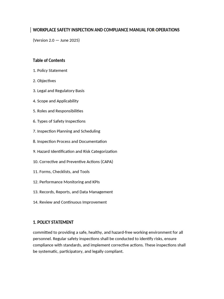 Workplace Safety Inspection Manual | PDF | Occupational Safety And ...