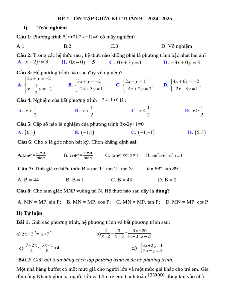 Đề 1 - Ôn Tập Học Kì i Toán 9-24-25 c Nhung | PDF