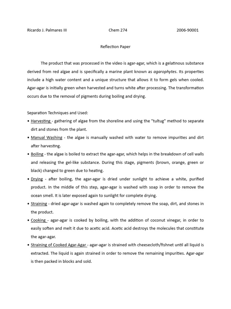 Reflection Paper Chem 274 | PDF | Agar