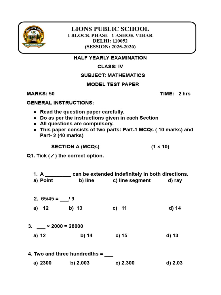 Class IV Mathematics Model Paper 2025 | PDF | Number Theory | Numbers
