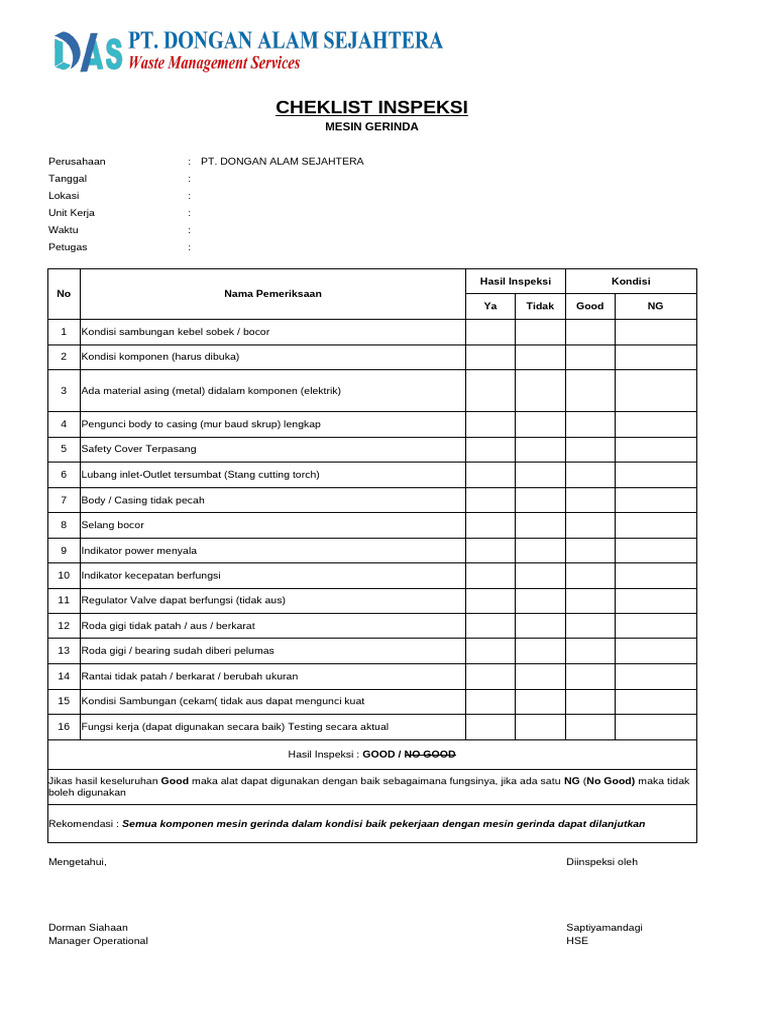 Checklist Inspeksi Mesin Gerinda dan Las | PDF