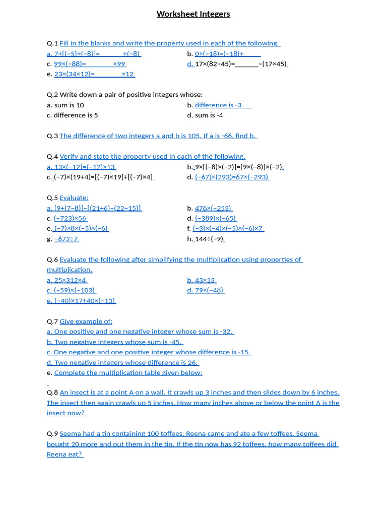 Worksheet Integers | PDF