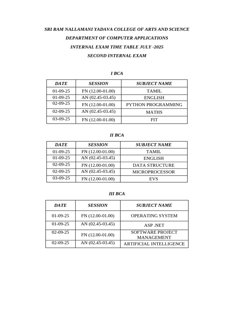 Second Internal Exam Timetable 2025 | PDF
